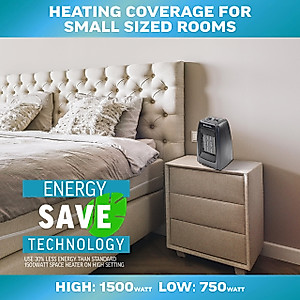 Comfort Zone CZ442E Personal Energy Save Ceramic Heater - 1500W Portable with Adjustable Thermostat, Tip-Over Switch & Overheat Protection, Black