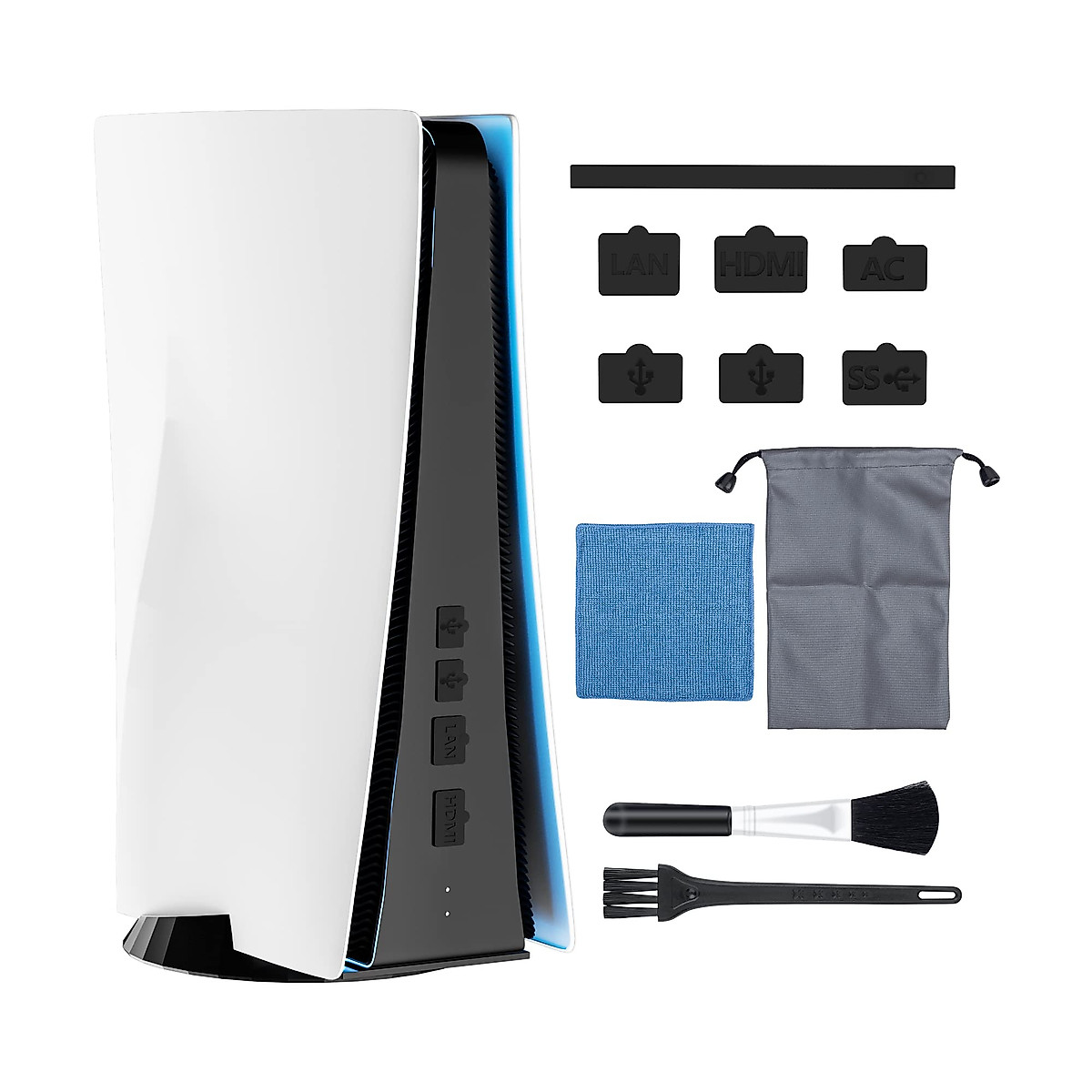 RHOTALL Dust Plugs Kit for PS5 Console, USB HDMI AC LAN Port Dust Protector, Silicone Dustproof Plug Accessories for PS5 with 7 Dust Plugs, 2 Brushes, 1 Rag and 1 Accessories Storage Bag - Black