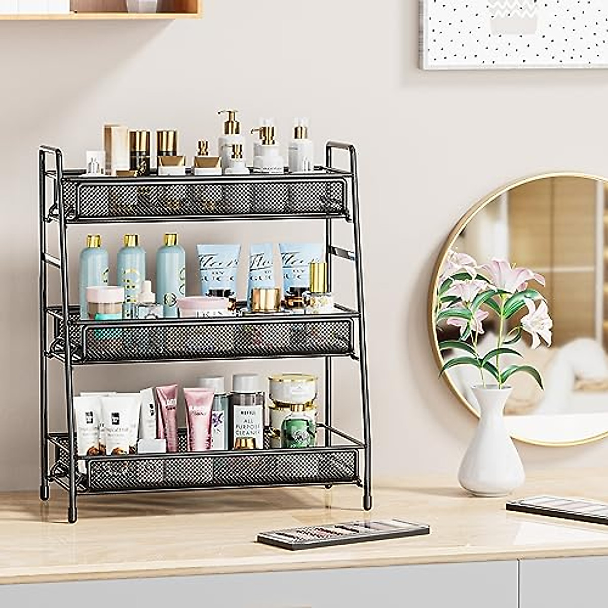 EKNITEY Bathroom Countertop Organizer Rack - 3 Tier Counter Spice Rack Metal Makeup Rack Small Perfume Vanity Organizer for Sink/Bedroom/Living room/Kitchen/Office