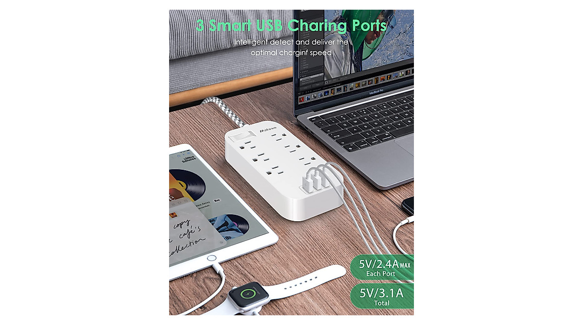 Power Strip with 6 Outlets & 3 USB Ports - 10 FT Extension Cord