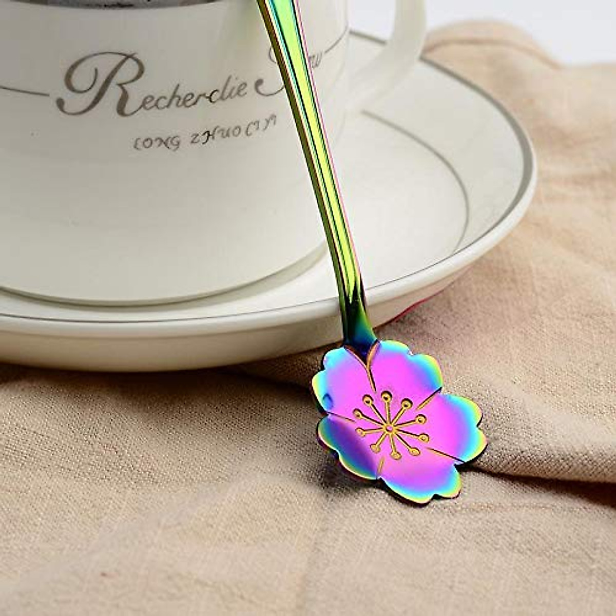 Flower Spoon Coffee Teaspoon Set, PBIEHSR Stainless Steel Tea Spoon Two Different Lengths Dessert Spoon for Stirring Drink Mixing Milkshake Jam, Set of 9 (Multicolor)