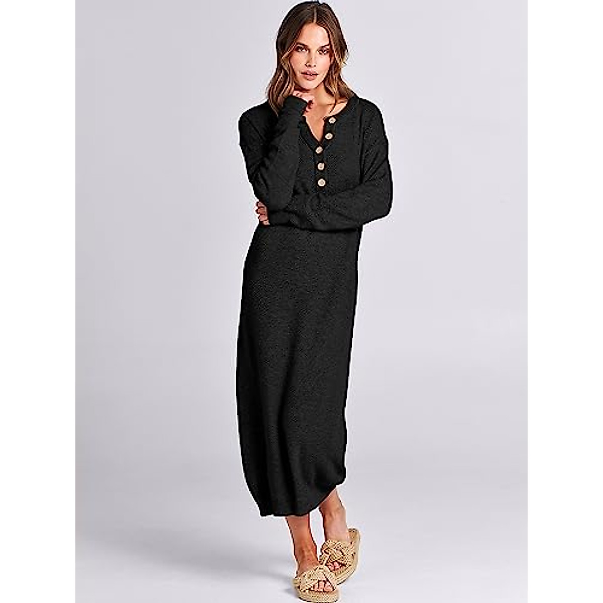 ANRABESS Women Sweater Maxi Dress Long Sleeve Button V Neck Oversized Casual Loose Waffle Knit Fall Long Midi Sweater Dress 2023 Trendy Outfits 1130heise-L Black