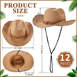 12 Pcs Straw Cowboy Hats for Women Men, Wide Brim Summer Hat Bulk Panama Sun Protection Hats for Western Themed Party Travel Decorations Brown