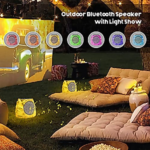 Rock Speakers Outdoor Waterproof Wireless Bluetooth Solar Powered Outdoor Rock Speaker Rechargeable Battery Bluetooth Rock Speakers with 7 Light Colors for Patio Party Pool Garden - 2PC