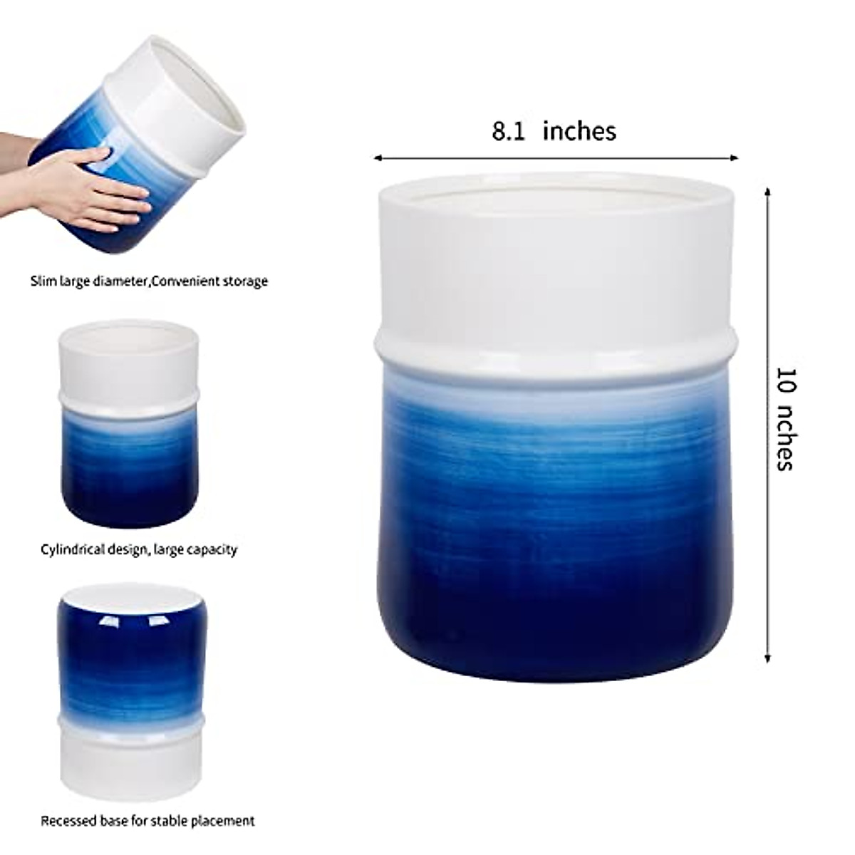 Decorative Round Small Trash Can Wastebasket, Garbage Container Bin for Bathrooms, Powder Rooms, Kitchens, Home Offices-Hand Painted Navy Blue，Ceramic