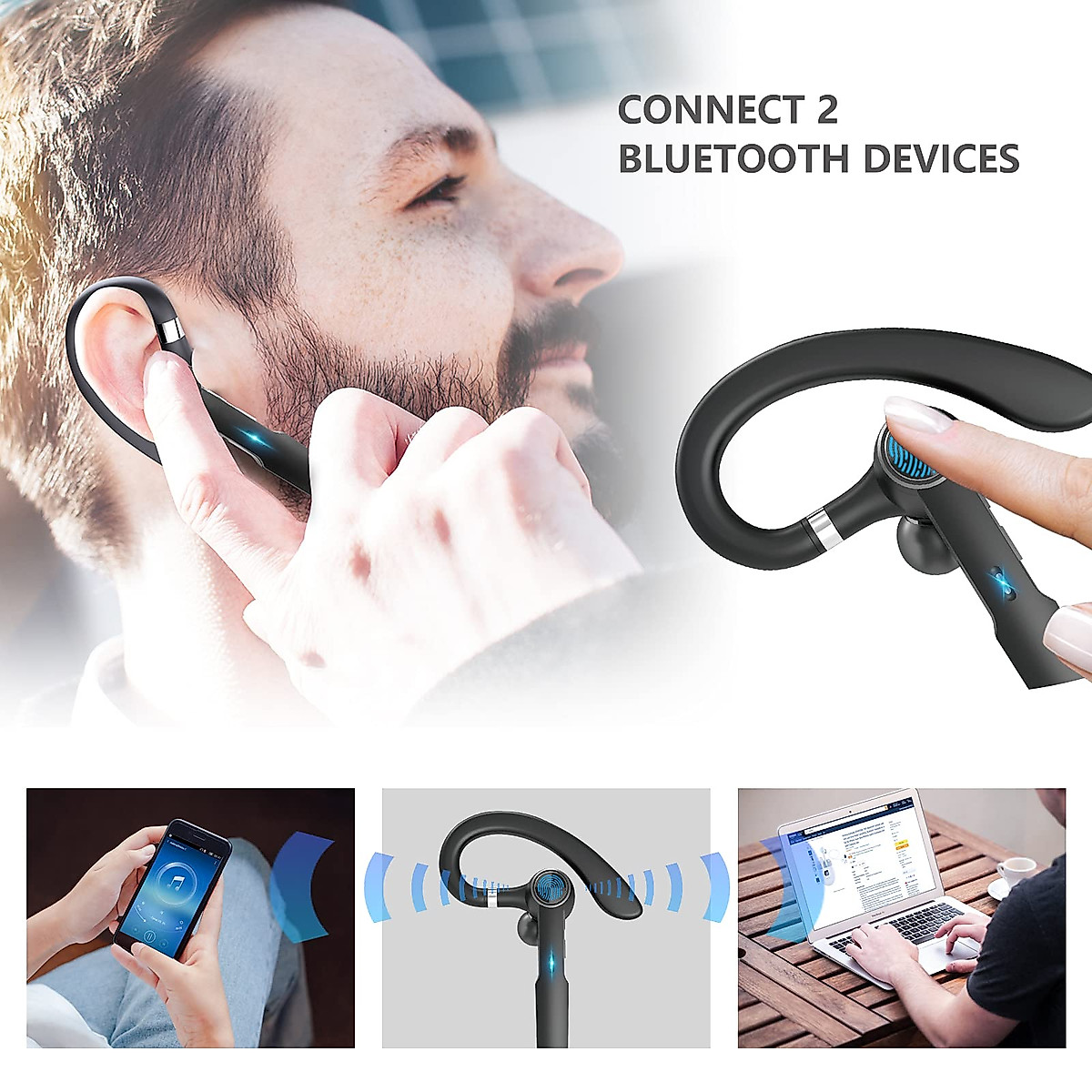 Tonstep Bluetooth Earpiece, Bluetooth Headset with MIC, Trucker Bluetooth Headset 50 Hours with Charging Case, in-Ear Headphones Wireless Earphones for Business,Office and Driving (Black-g1)