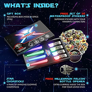 STAR CHOPSTICKS | FREE BOTTLE OPENER & STICKERS | 4 PAIRS DARK BOX | Lightsaber Chopsticks | Star Wars Gifts and Toys for Kids | LED Light Up Reusable Chopstick