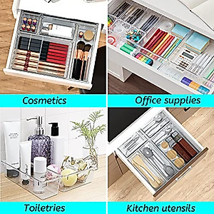 25 PCS Clear Drawer Organizers Set, 4 Sizes Plastic Vanity Drawer Organizers and Storage Bins, Desk Drawer Organizer Trays with Non-slip Silicone Pads for Makeup