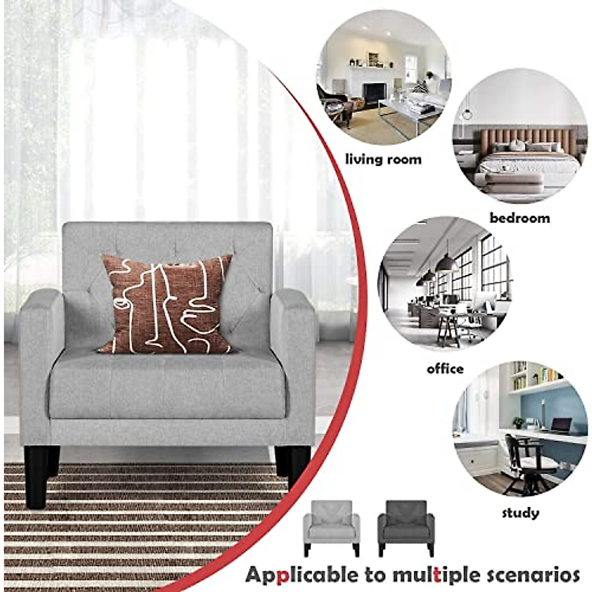 VAMEPOLE Modern Accent Chairs Set of 2, Comfy Living Room Chair, Cozy Tufted Mid Century Modern Accent Chair, Upholstered Reading Arm Chair for Living Room, Bedroom Sofa Chair(Light Grey, Set of 2)