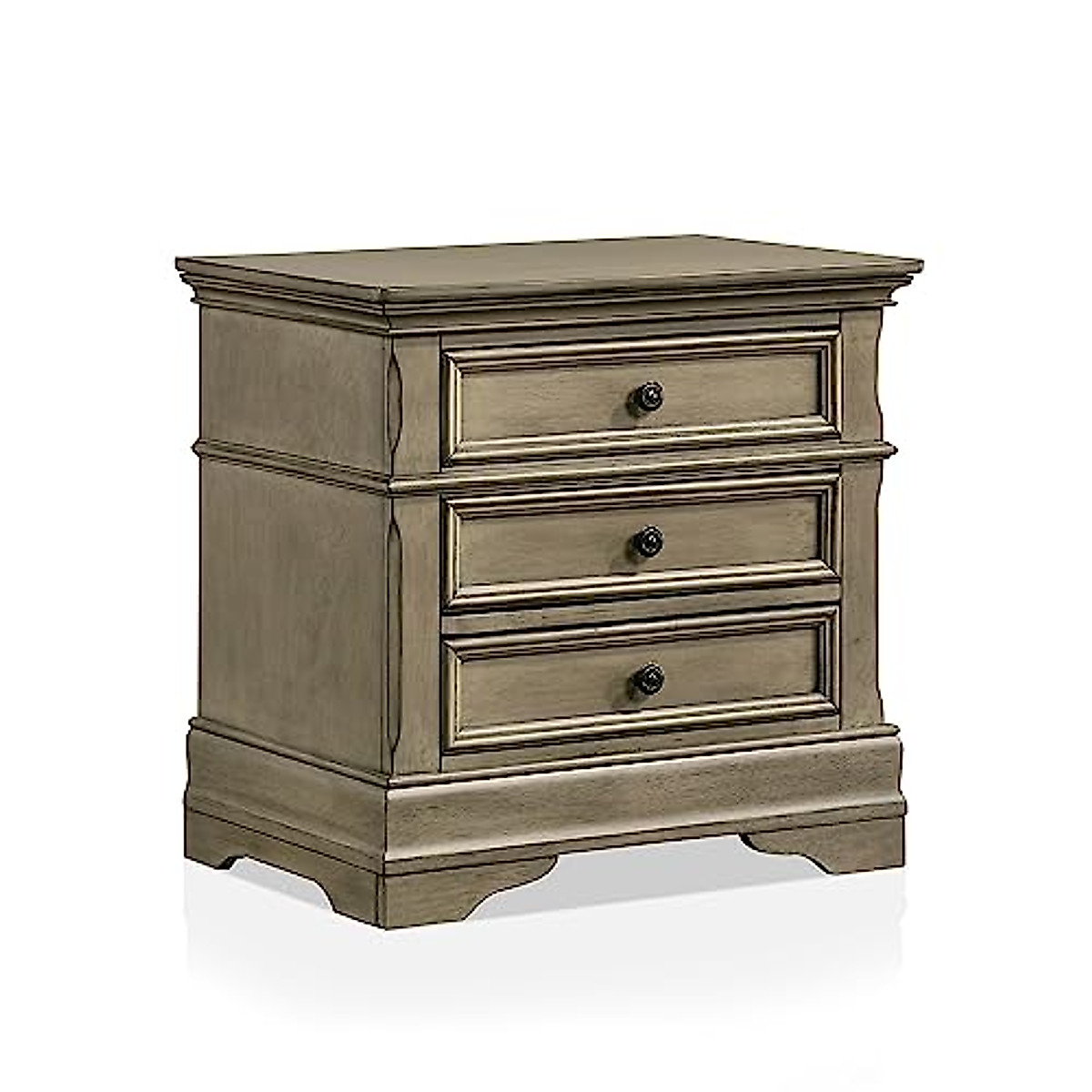 Furniture of America Apollinarius Transitional Wood 3-Piece Set, Tufted Headboard King-Size Bed and 3-Drawer Nightstand for Bedroom, Antique Warm Gray