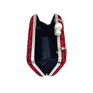 Plush Evening Bag for Women Stylish Leopard Print Handbag Pearl Chain Purse for Party Prom Red