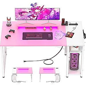 armocity 47 Gaming Computer Desk with LED Lights, Power Outlet and USB, Reversible Laptop Table with Moveable Monitor Stand for Small Spaces, Office, Gaming Room, Pink and White