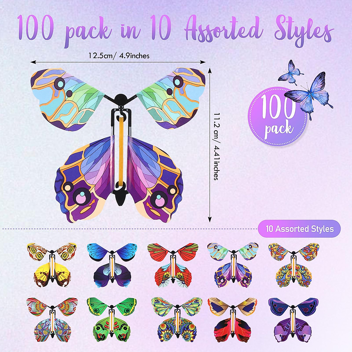 Lenwen 100 Pcs Magic Flying Butterfly Wind up Paper Butterflies That Fly Rubber Band Powered for Bookmark Card Surprise Gift Wedding Birthday Party 10 Styles, 4.41 x 4.92 Inch