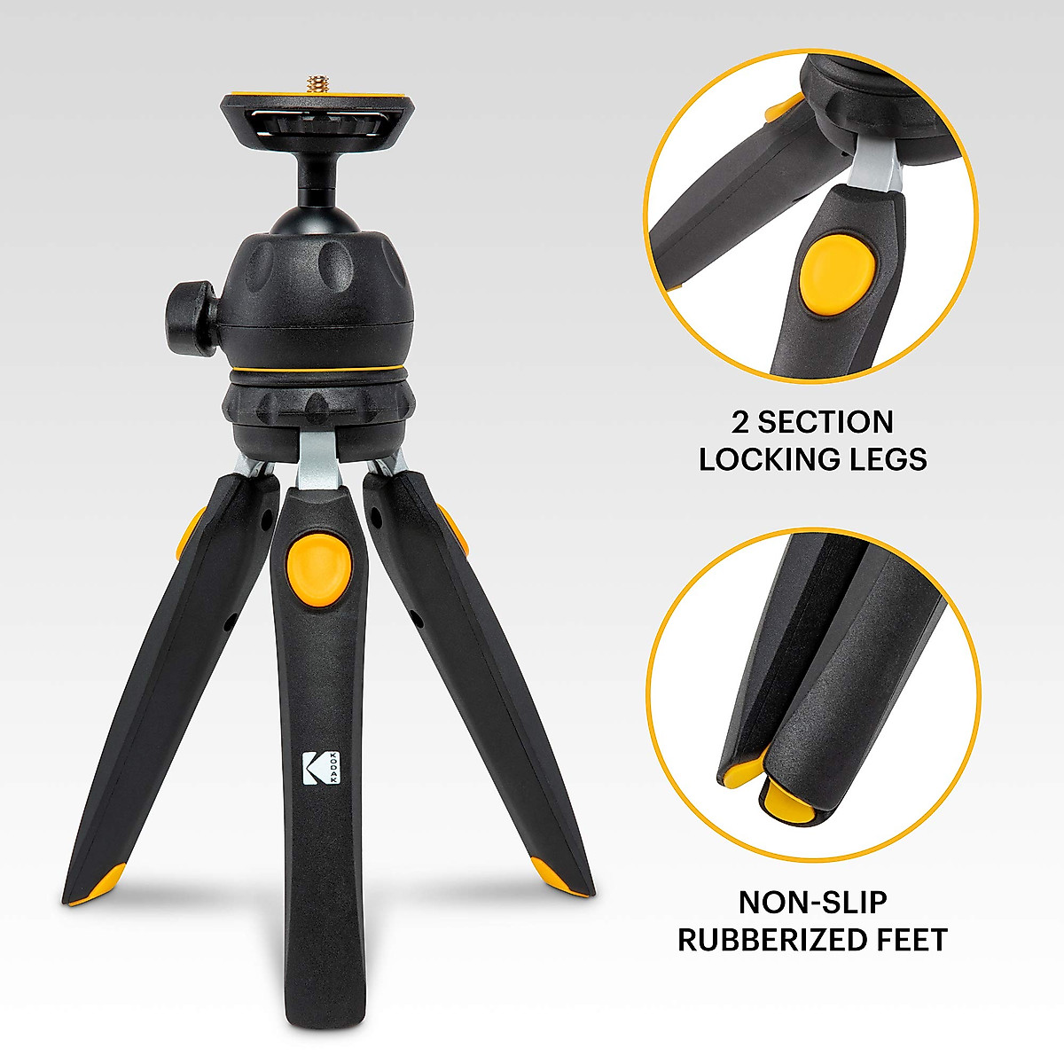 Kodak Mini Tripod for Luma 75, Luma 150, Luma 350 with 360° Ball Head, Adjustable Compact 9” Tabletop Tripod, 5-Position Legs, Rubber Feet, Remote Control, Smartphone & Action Camera Adapters Included