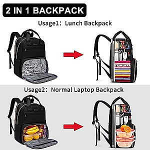 Lunch Backpack for Women, 15.6 inch Laptop Backpack with USB Port, Water Resistant Insulated Cooler Lunch Bag , Travel Work Laptop Bags with Lunch Box for College Work Pincic Camping Beaches, Black