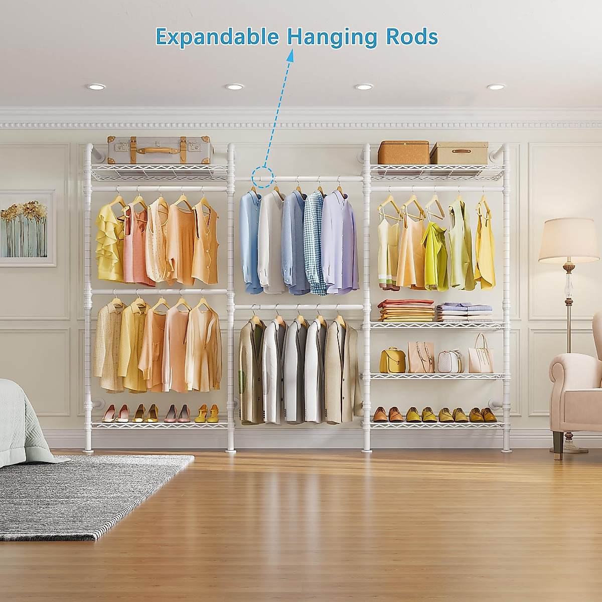 Timate L3 L Shape Garment Rack Heavy Duty Clothes Rack for Hanging Clothes, Expandable Industrial Pipe Wall Mounted Clothing Rack, Adjustable Corner Closet Wardrobe Closet Kit Closet Systems, White