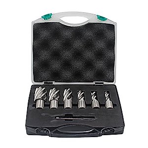Annular Cutters Set 6pcs JESTUOUS 3/4 Inch Weldon Shank 1 Cutting Depth 1/2-1-1/16 Cutting Diameter Two Flat HSS Slugger Bits for Mag Drill Press with Pilot Pin