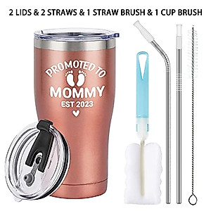 Qtencas Promoted to Mom Est 2023 Travel Tumbler, New Mom Gifts for Women, Great Mothers Day Gifts for Mom, First Time Mom Gifts Mom to be Mother to be Gifts, 20 Oz Stainless Steel Tumbler, Rose Gold