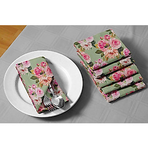 S4Sassy Green Stripe & Ranunculus Floral Holiday Parties Cloth Table Linen Re-Usable Dinner Napkins Set 18 x 18(Pack of 6)