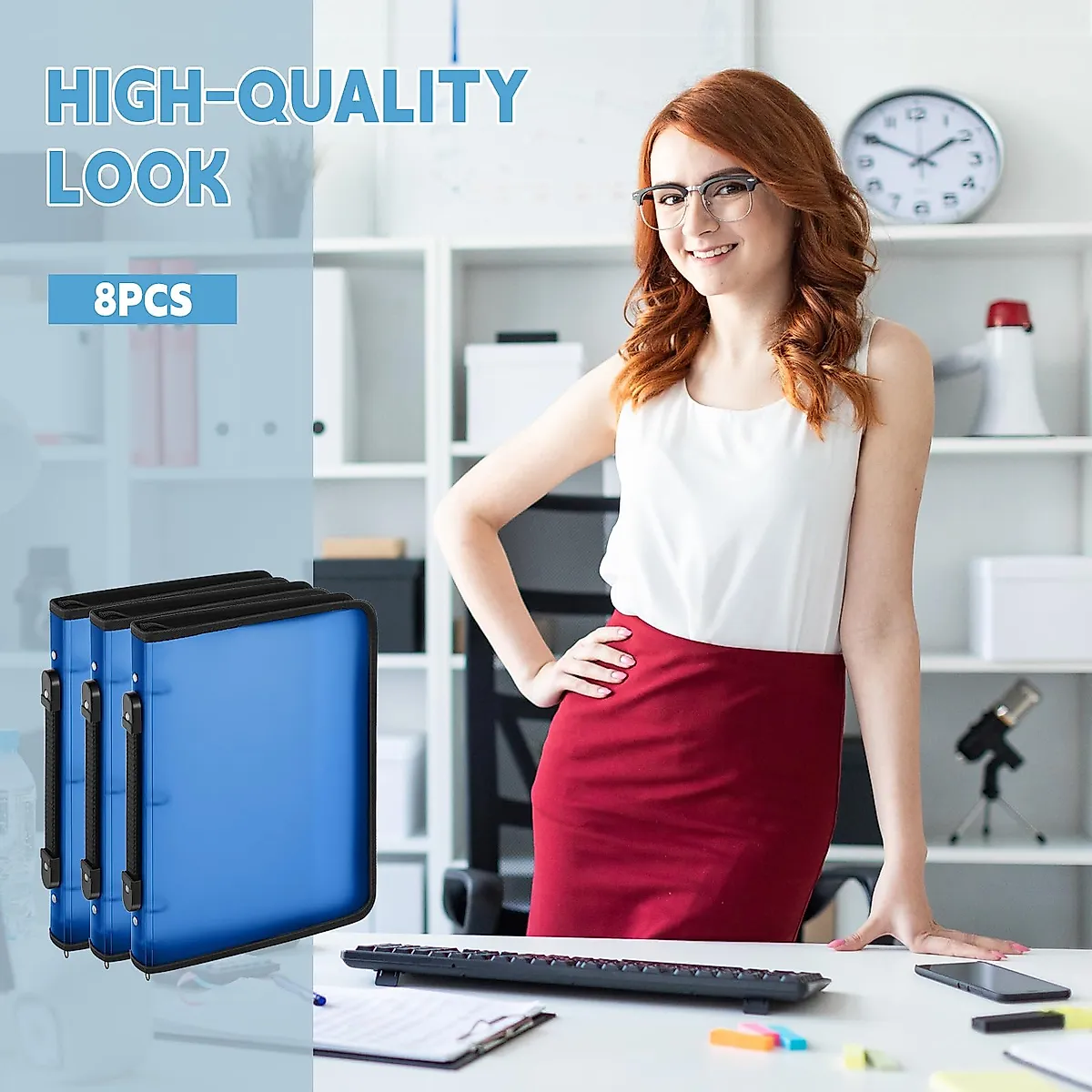 Teling 8 Pack 1 Inch Binder Blue Zipper Binder with 3 Ring Cover Zipper, Refillable Plastic Clear File Organizer Planner for Projects, Assignments, Memos, School Work