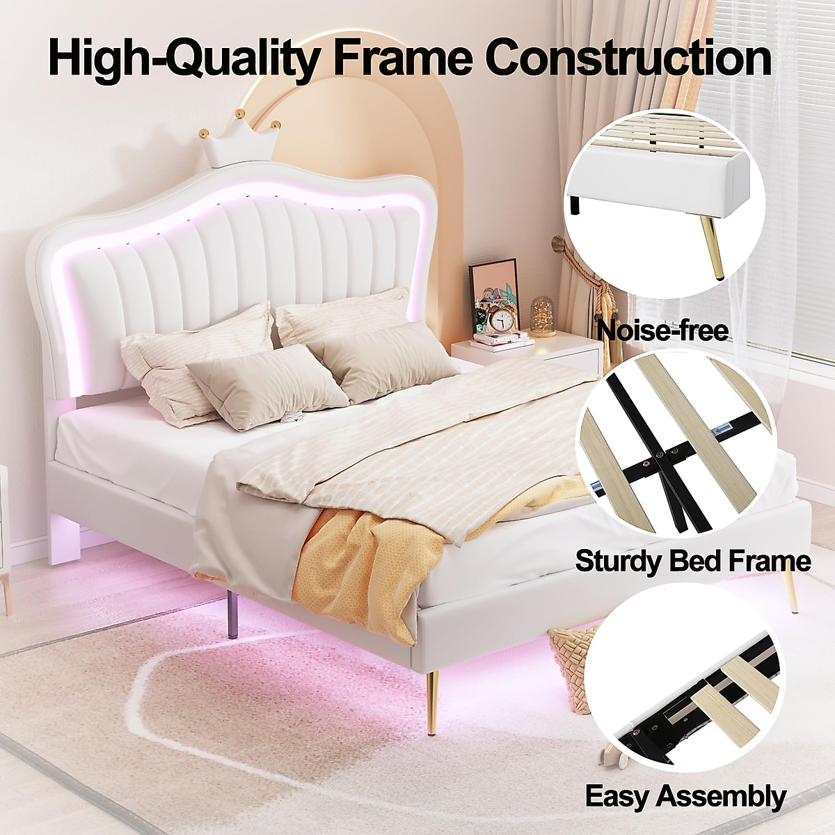 CITYLIGHT Queen Size Upholstered Princess Bed with Crown Headboard, Wood Cute Kids Bed Frame Queen with LED Lights and Metal Legs for Girls, No Box Spring Required (Queen,White)