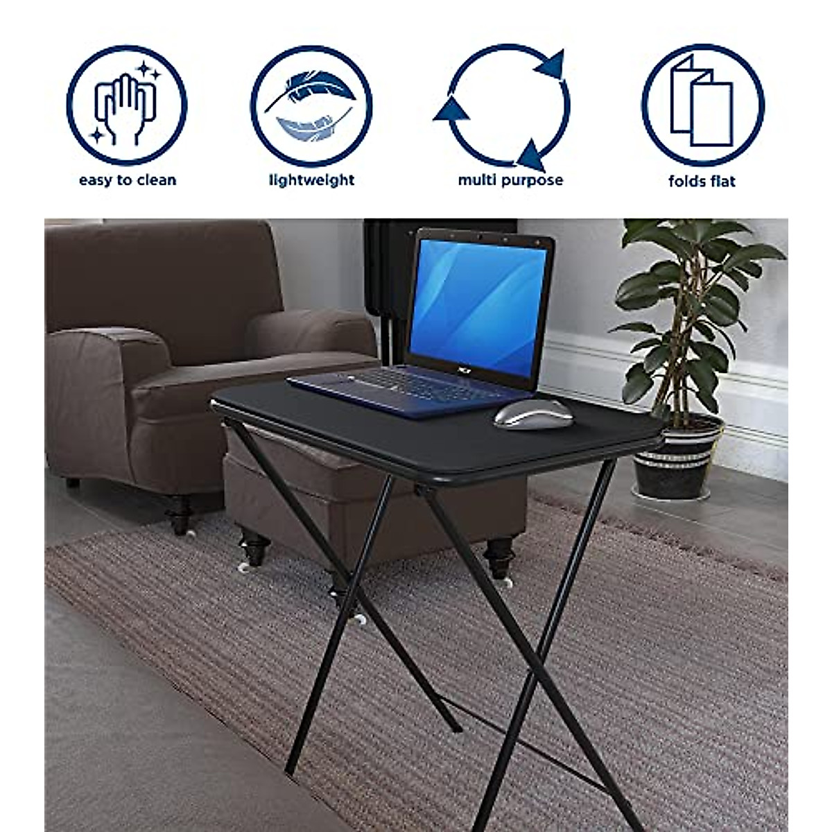 COSCO 5-Piece Folding Vinyl Top TV Tray, Black with Storage Rack, Multi-Purpose, for Snacks, Portable Workspace, & Easy to Store Activity Table Set, 1-Pack