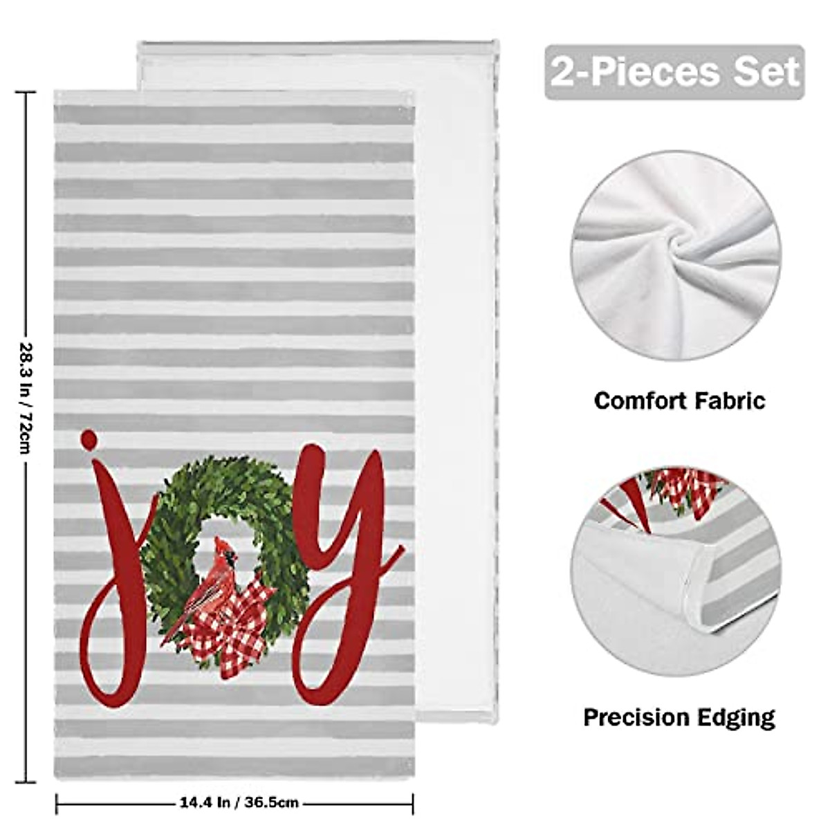 Christmas Wreath Joy to World Hand Bath Towel Winter Cardinal Birds Kitchen Bathroom Faucet Towel White Gray Stripe Fingertip Towel Set Highly Absorbent Guest Shower Towels 16x30 Holiday Decorations