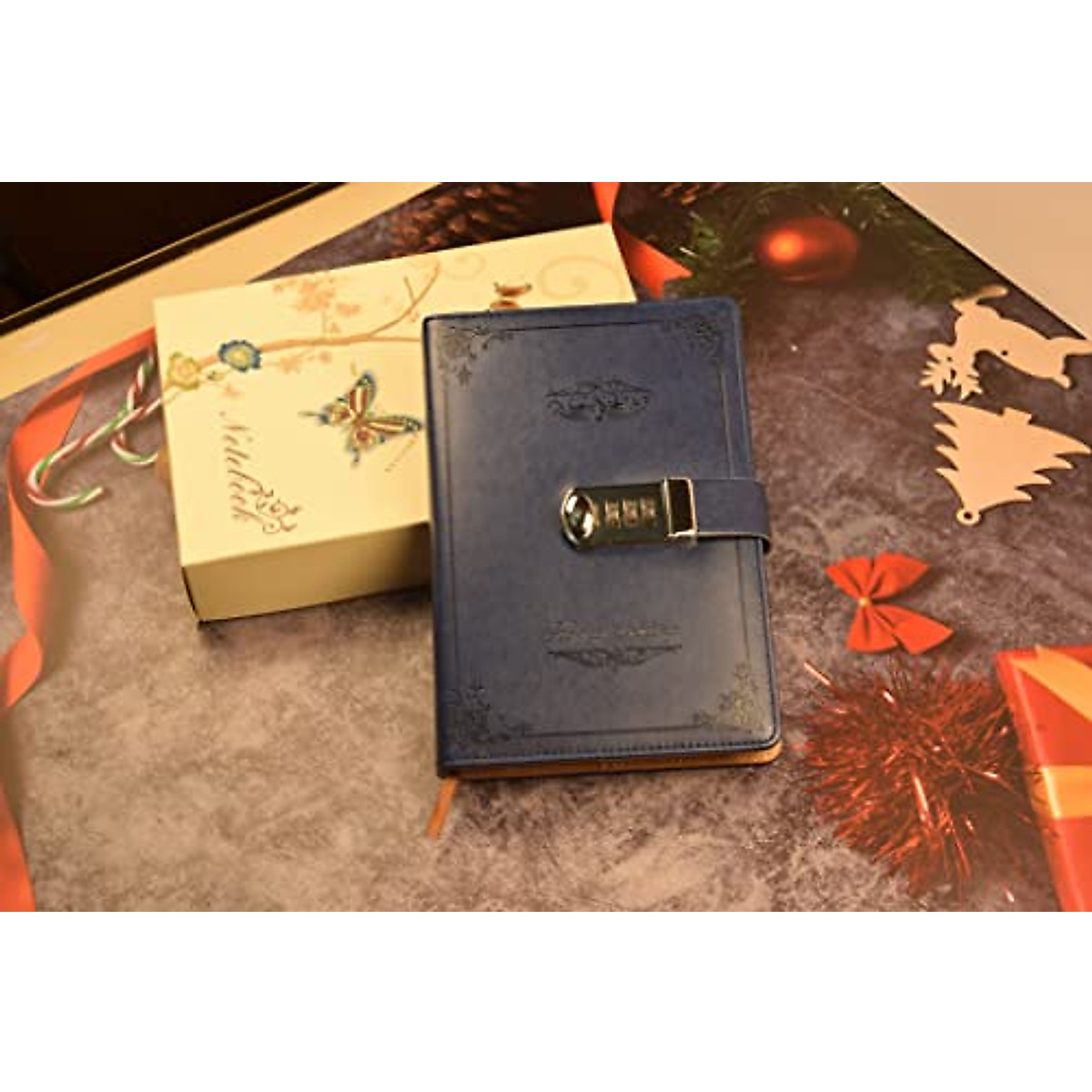 JunShop Digital Password Journal with Lock Retro Privacy Diary with Combination Lock Leather Binder Notebook Locking Journal Diary(Blue)