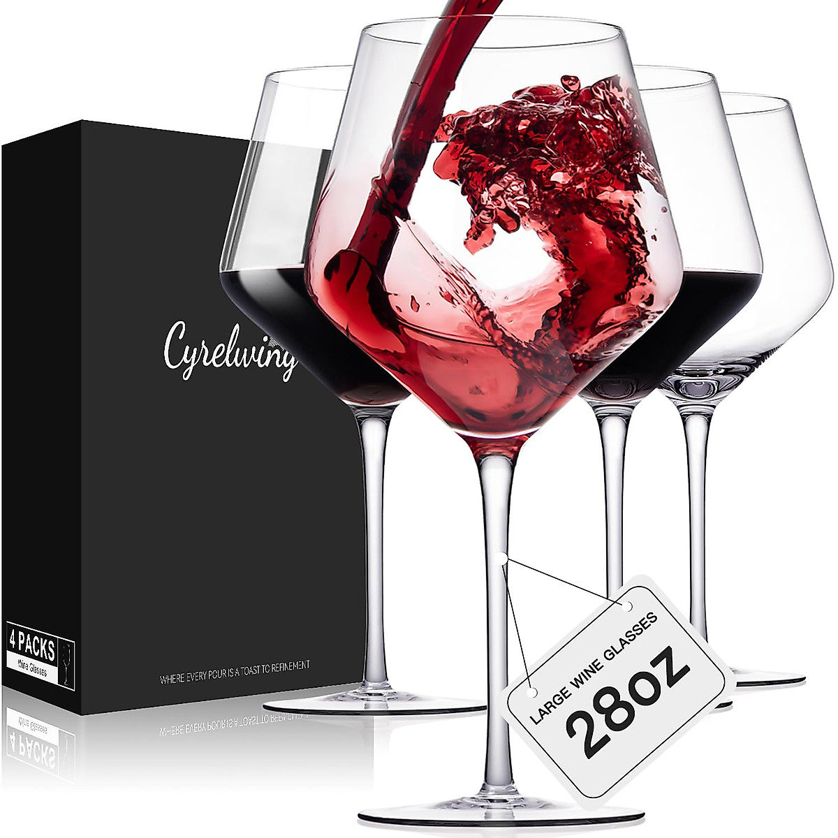 Cyrelwing Large Red Wine glasses set of 4-28oz Extra Large Red Wine Glasses set of 4 with stem-Hand Blown Crystal Big Red Wine Glasses-Light,Thin,Wine tasting Large Cabernet Sauvignon Glasses