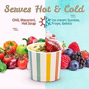 MATICAN Paper Ice Cream Cups, 100-Count 11-Oz Disposable Dessert Bowls for Hot or Cold Food, 11-Ounce Party Supplies Treat Cups for Sundae, Frozen Yogurt, Soup, Pastel Stripes