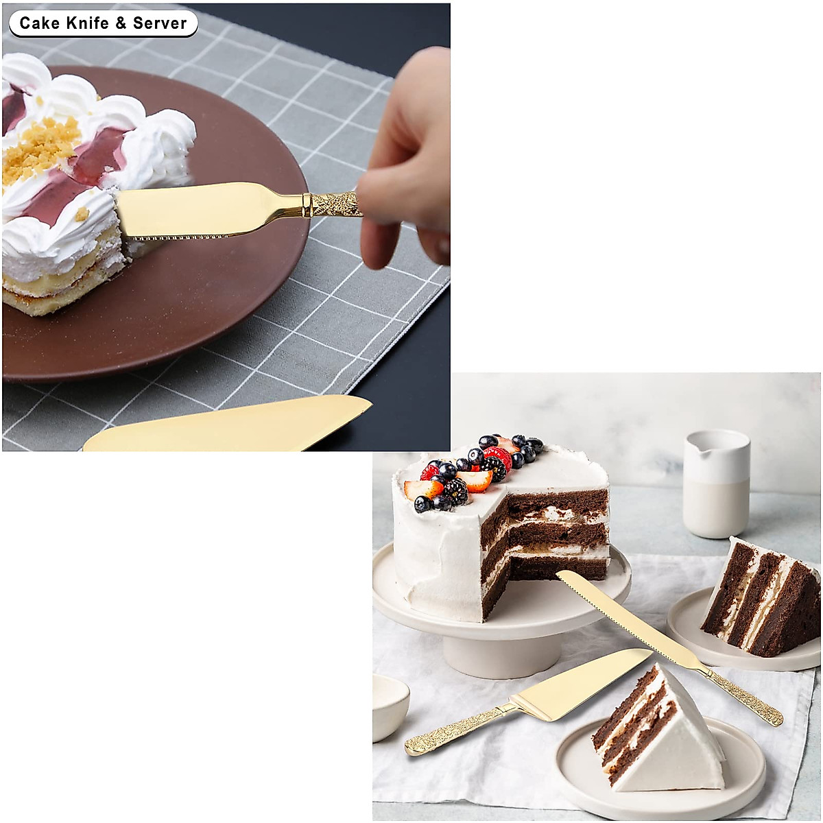 BSTKEY Pack of 2 Gold Cake Pie Pastry Servers, Cake Knife and Server Set, Vintage Engraved Cake Cutter Serving Spatula Set for Wedding Birthday Parties Christmas Thanksgiving and Events