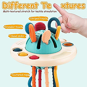 Cawgug UFO Toy, Montessori UFO Silicone Pulling Toy, UFO Silicone Pull String Sensory Toys for Toddler, Travel Toys for Toddlers 1-3, First Birthday Gift for Boys Girls