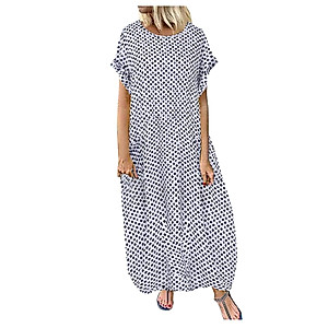 Summer Dresses for Women Baggy Cotton Polka Dot Print Dress Casual Plus Size Short Sleeve Crewneck Long Maxi Dress