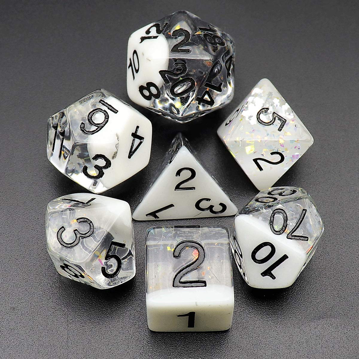 Haxtec DND Dice Set 7PCS White Layered Polyhedral D&D Dice for RPG Dungeons and Dragons (Sunlit Snow)