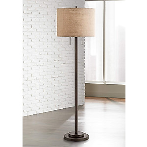 Possini Euro Design Garth Modern Industrial Standing Floor Lamp 63 1/2" Tall Oil Rubbed Bronze Brown Metal Burlap Fabric Drum Shade Decor for Living Room Reading House Bedroom Home Office House