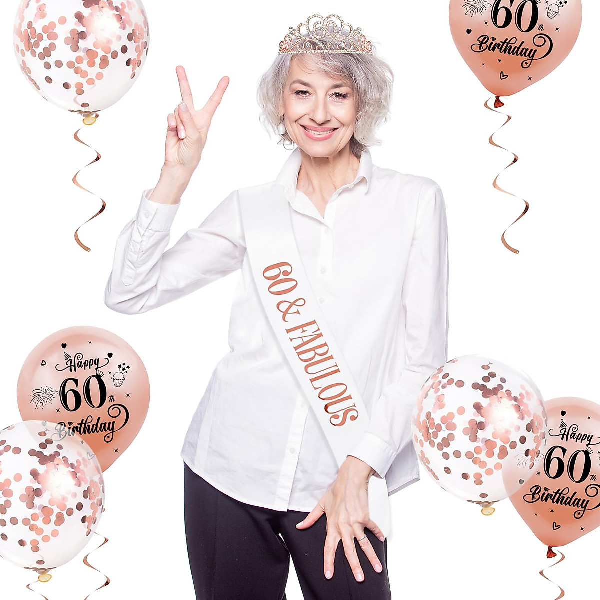 SKJIAYEE 60th Birthday Party Sash and Tiara Kits-60th ‘FABULOUS’ White Sash and Glitter Rose Gold Crown and Birthday Balloons for Women Birthday Party Decorations Supplies