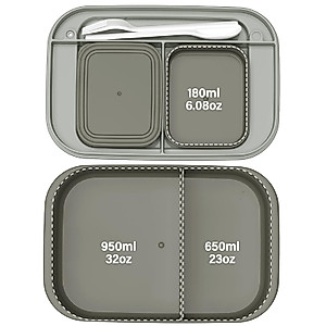 Adult Lunch Bento Box - 66oz / 1960ml Bento Box for Adult, Lunch Containers with 2 Sauce Containers & Utensil Set, 100% Leak Proof, BPA-Free, Dishwasher/Microwave Safe, Office, School & Picnic, Grey
