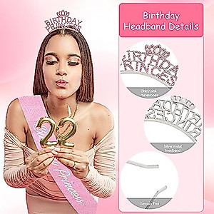 Ondder Birthday Sash for Women Pink Birthday Princess Crown Birthday Tiara for Girls Birthday Girl Headband Happy Birthday Party Supplies Birthday Girl Glitter Sash Birthday Headband Birthday Decorations