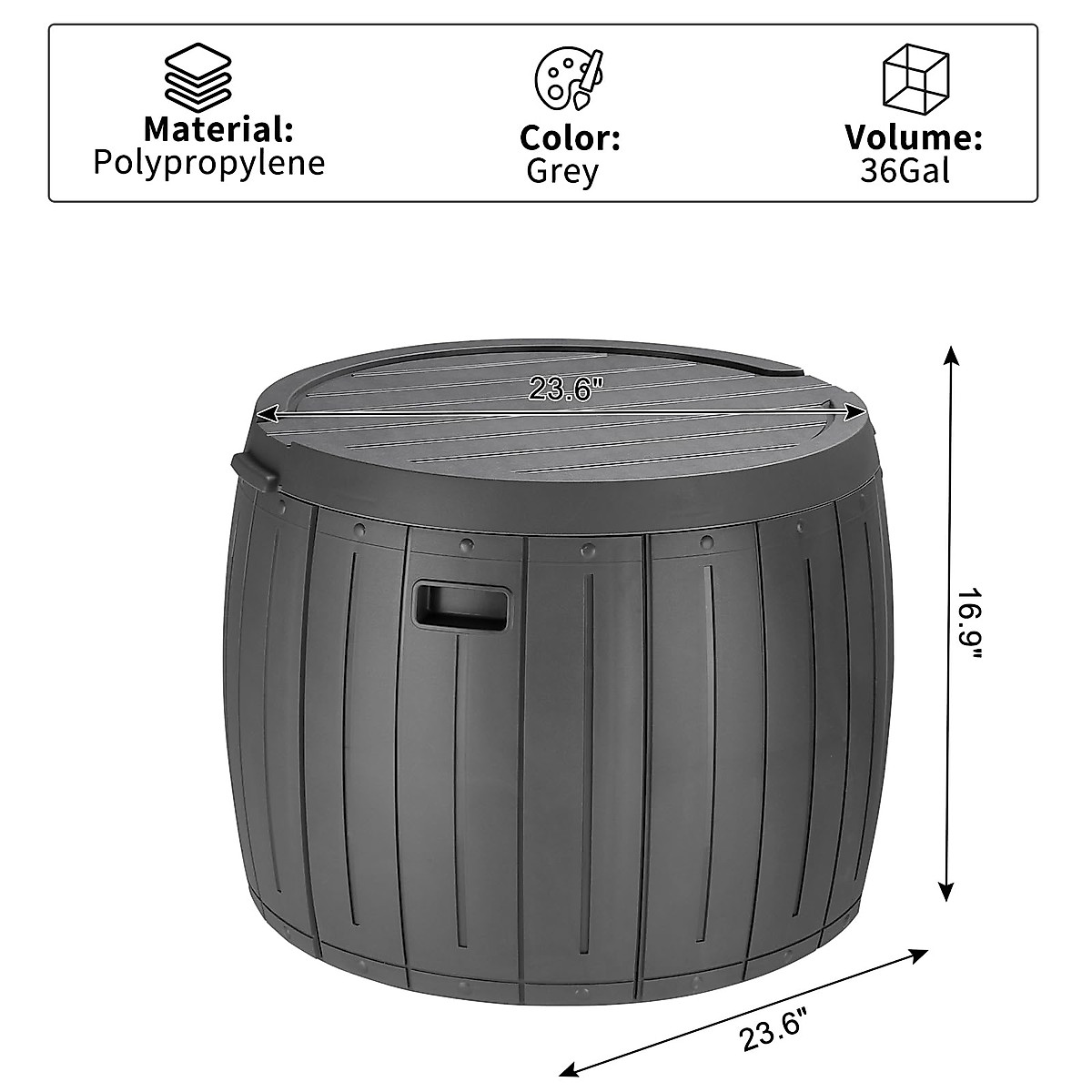 Pinikuyiro 36 Gallon Round Deck Box, Outdoor Storage Box for Patio Furniture,Patio Table for Cushion, Pool Accessories, Outdoor Toys, Easy Assembly & Lightweight, Grey