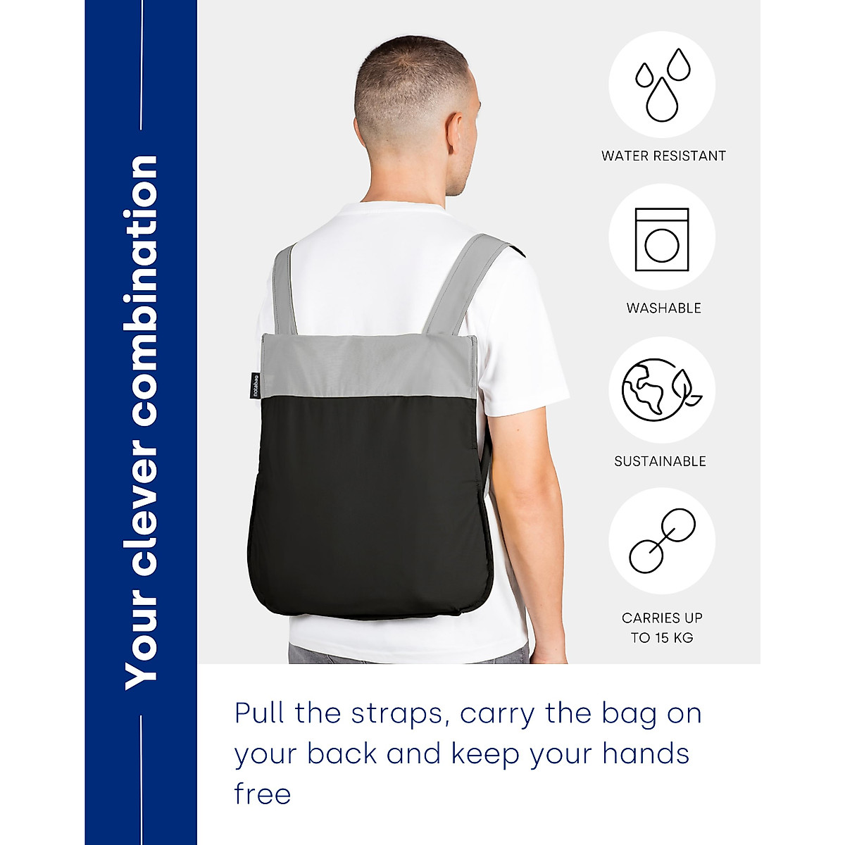 Notabag Original 2 in 1 Backpack and Bag (Grey/Black) – Backpack waterproof – reusable grocery bags foldable – clever design for more flexibility – backpack waterproof – grocery tote bag