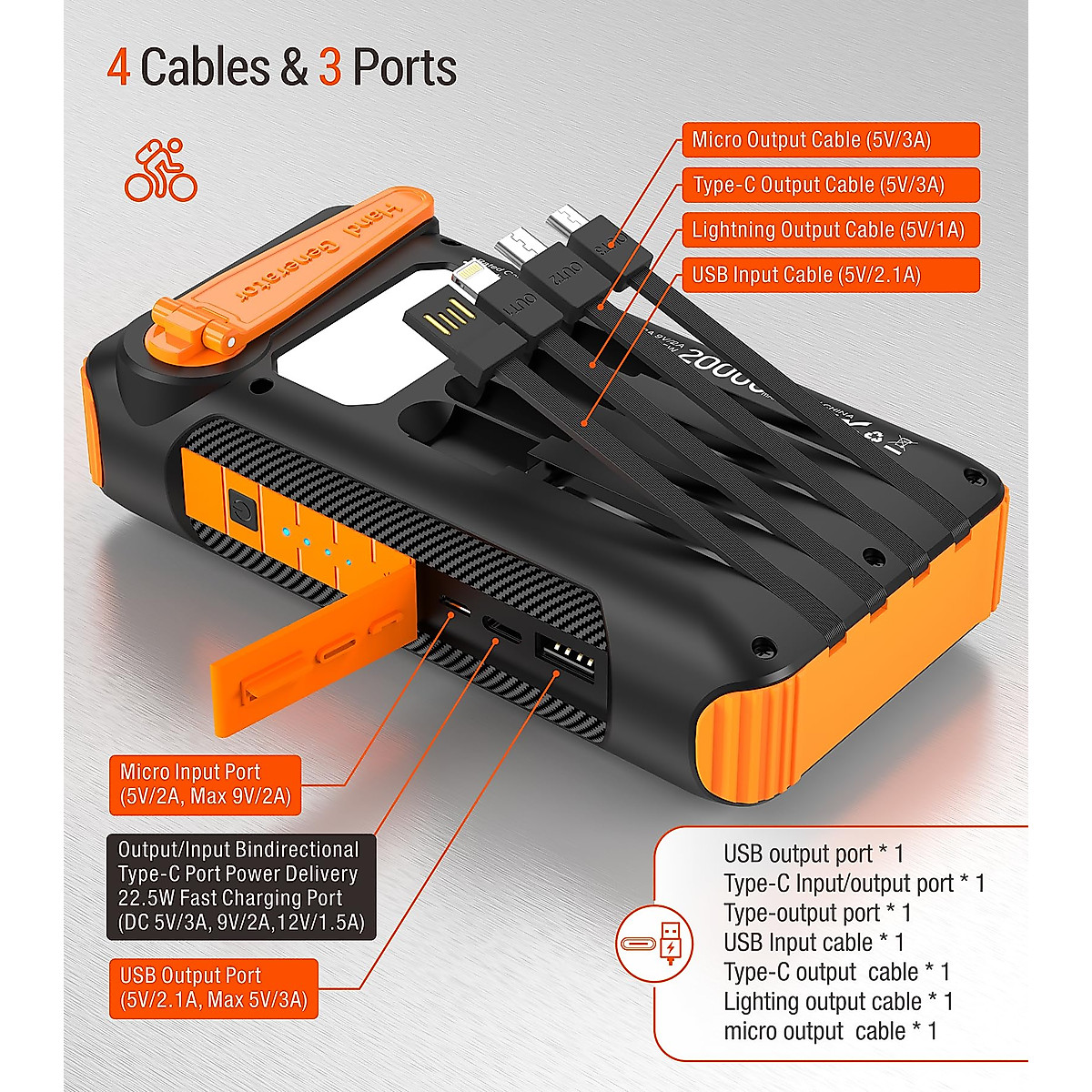 OOPOWEROO Solar Power Bank 20000mAh Built in Hand Crank and 4 Cables 22.5W Fast Charge Power Bank 5 Outputs & 5 Inputs Solar Portable Charger, SOS/Strobe/Strong Flashlights, Carabiner (Orange)