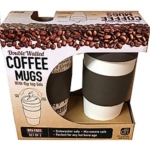DFL 16 Ounce Double Wall Coffee Mugs, 2 Pack, Brown/Coffee Talk