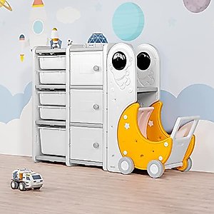duke baby Kids 3 Layer Toy Storage Organizer with 5 Storage Bins, 3 Toy Cabinets with Doors, Display Bookshelves and Toy Cart for Kids Playroom Bedrooms Age 1-12, Space Collection Medium