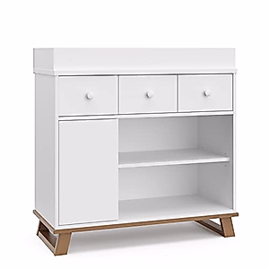 Storkcraft Modern Nursery Changing Table Combo Dresser (White with Vintage Driftwood) – Removable Changing Table Topper Fits Standard-Size Baby Changing Pad, 2 Drawers, 1 Cabinet, Storage Shelves