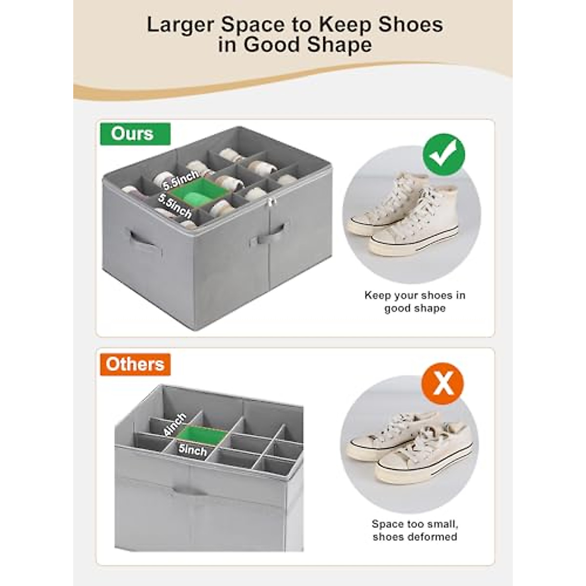Large Shoe Organizer for Closet (L22in x W17in x H13in)- Adjustable Shoe Storage Bins, Fits 12 Pairs Different Sized Shoes, Foldable Shoe Box Storage Containers with Clear Cover-Shoes Holder, Gray