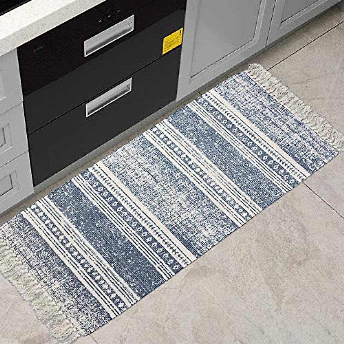 ABREEZE Cotton Rug Runner 2'x4.3', Boho Rug for Bedroom, Hand Woven Cotton Fringe Tassel Area Rug for Kitchen Laundry Bathroom Doorway