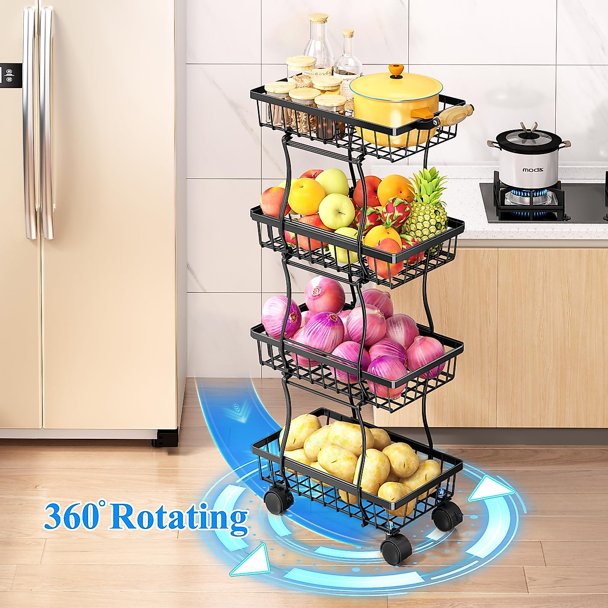 Fruit Vegetable Basket for Kitchen Organizers - 4 Tier Stackable Metal Wire Basket Stand, Black