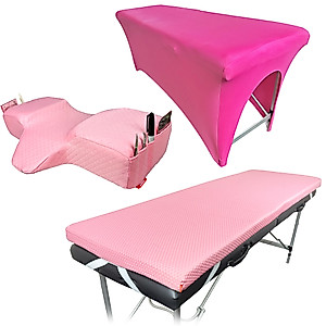XOLLOZ | Lash Bed Mattress + Bed Cover + Pillow (Pink) | Mattress with Four Corner Straps & Anti-Slip Bottom | Curved Pillow with Neck & Back Support | Spa Bed Cover for Lash Extension Bed