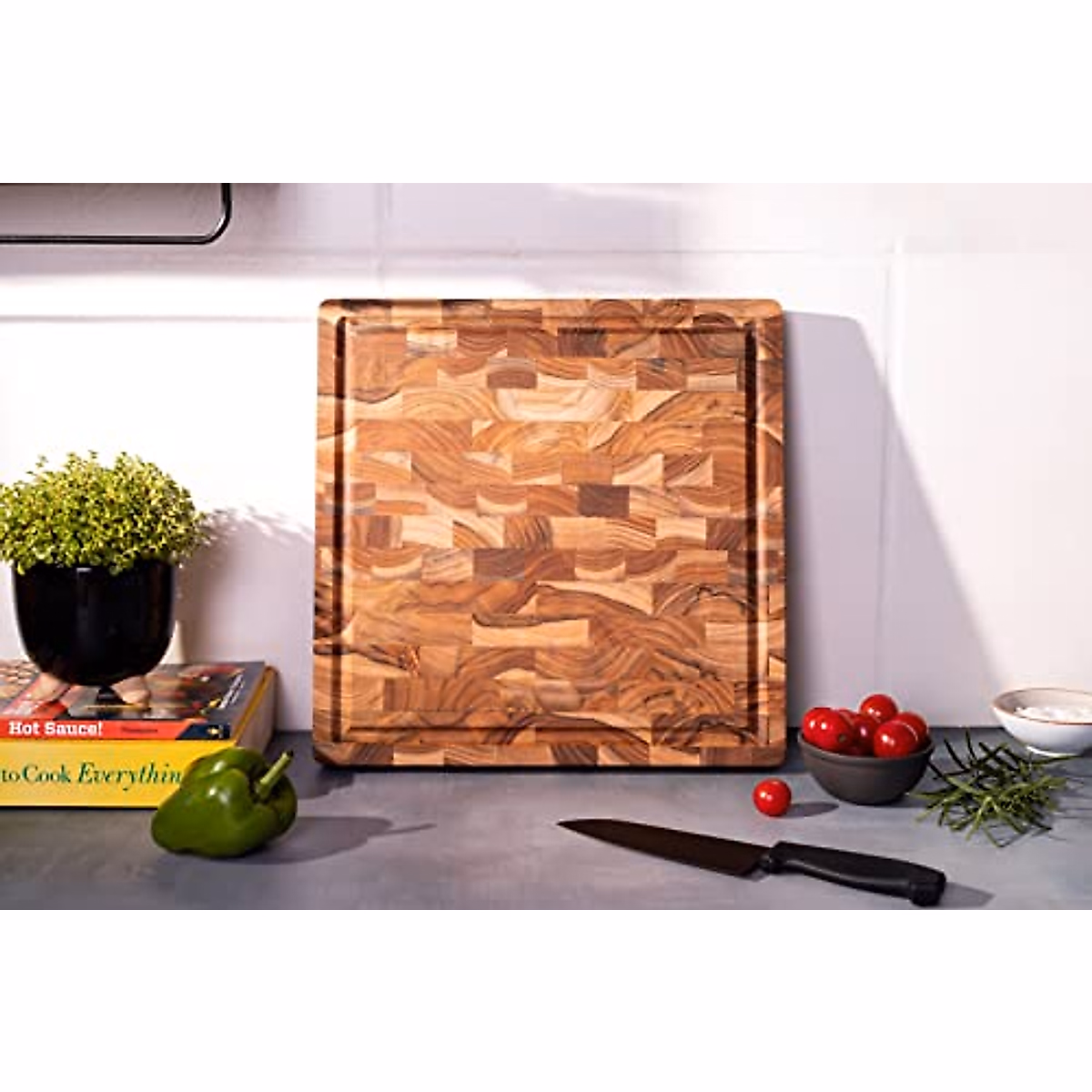 Weekolor, Square Butcher Block Cutting Board, Teak Wood End Grain, Thick Prep Station 14x14x1.5 in, Juice Groove, Reversible Charcuterie Board, Vegetable, Fruit, Bread Cheese Board