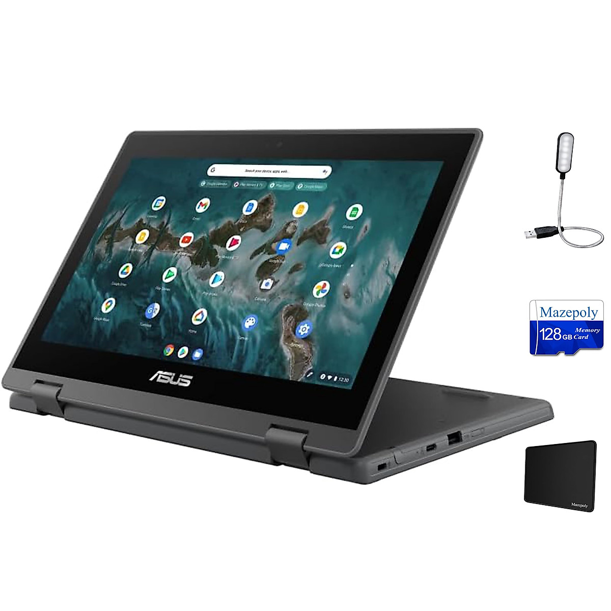 ASUS Flip CR1 11.6" HD Touchscreen Rugged Convertible 2 in 1 Chromebook, Intel Celeron N5100 Quad-Core, 1.10 GHz, 8 GB RAM, 32 GB eMMC + 128GB Memory Card, Dark Gray, Chrome OS + Accessories